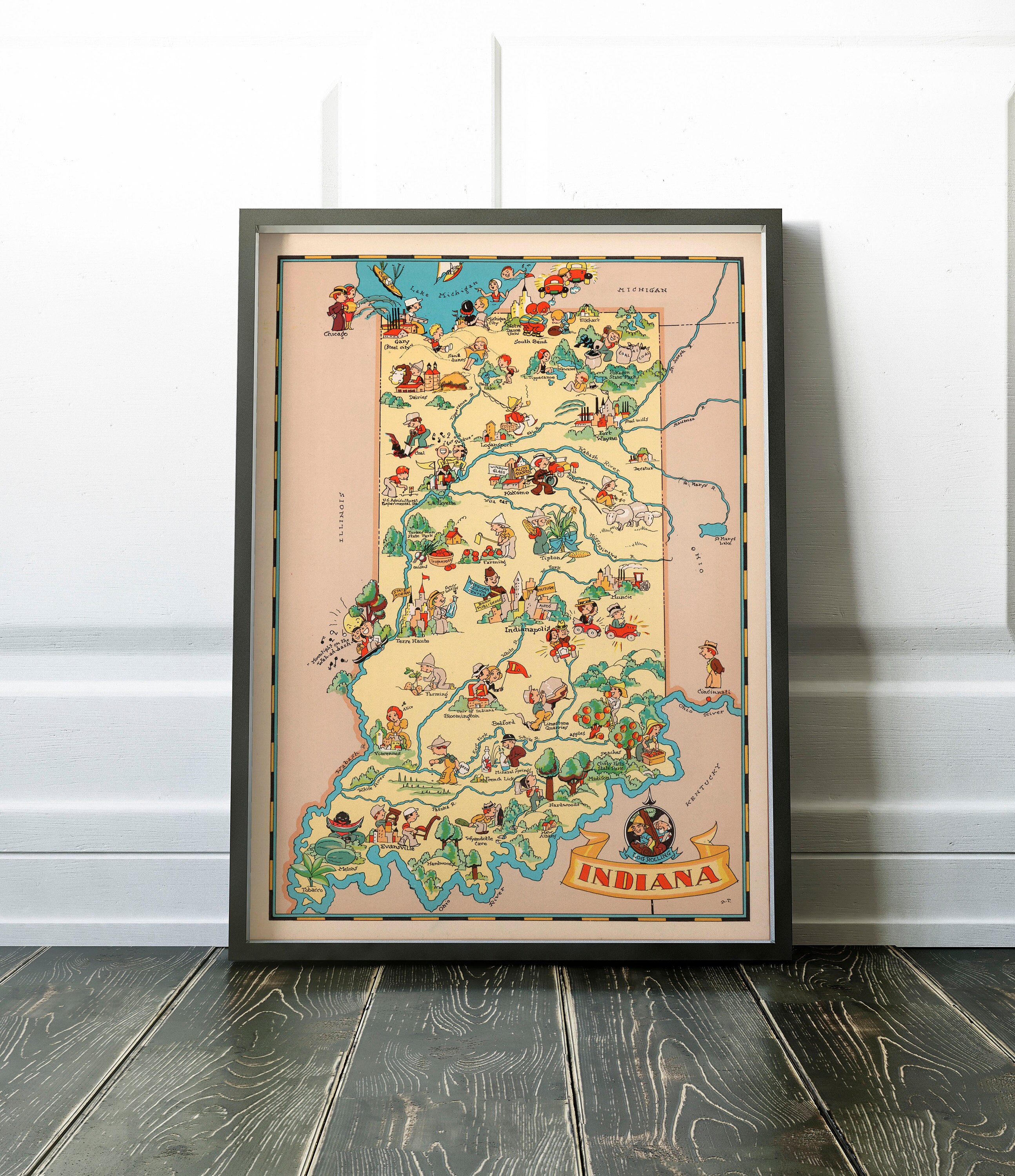 Indiana Poster indiana Map Pictorial Map Poster Canvas | Etsy