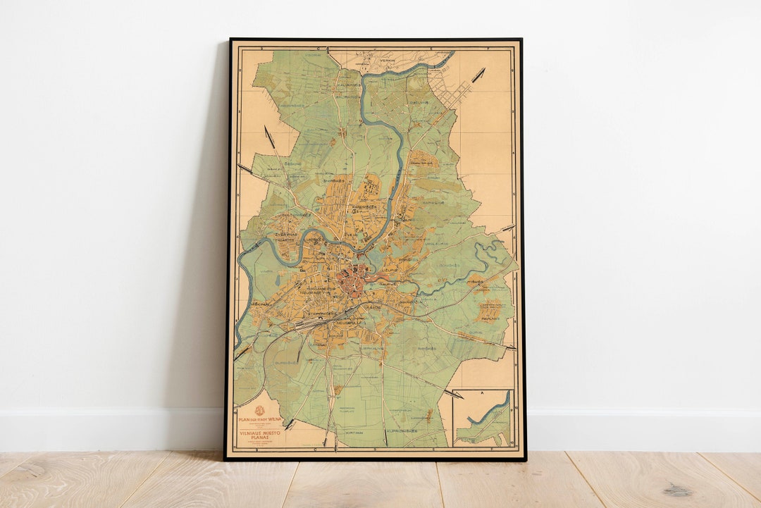 Vilnius City Map Print| Lithuania Map Poster| Vilnius Old Map Wall ...