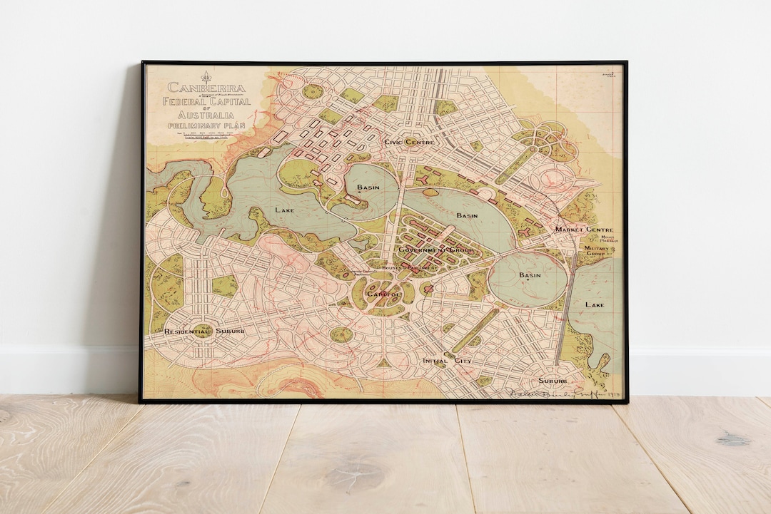 Canberra City Map Wall Print| Framed Map Wall Decor| 1914 Canberra Map ...