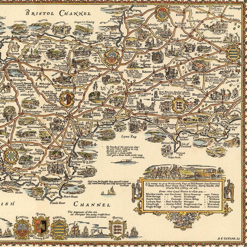 West Country Map Poster England Old Maps Wall Art Canvas | Etsy