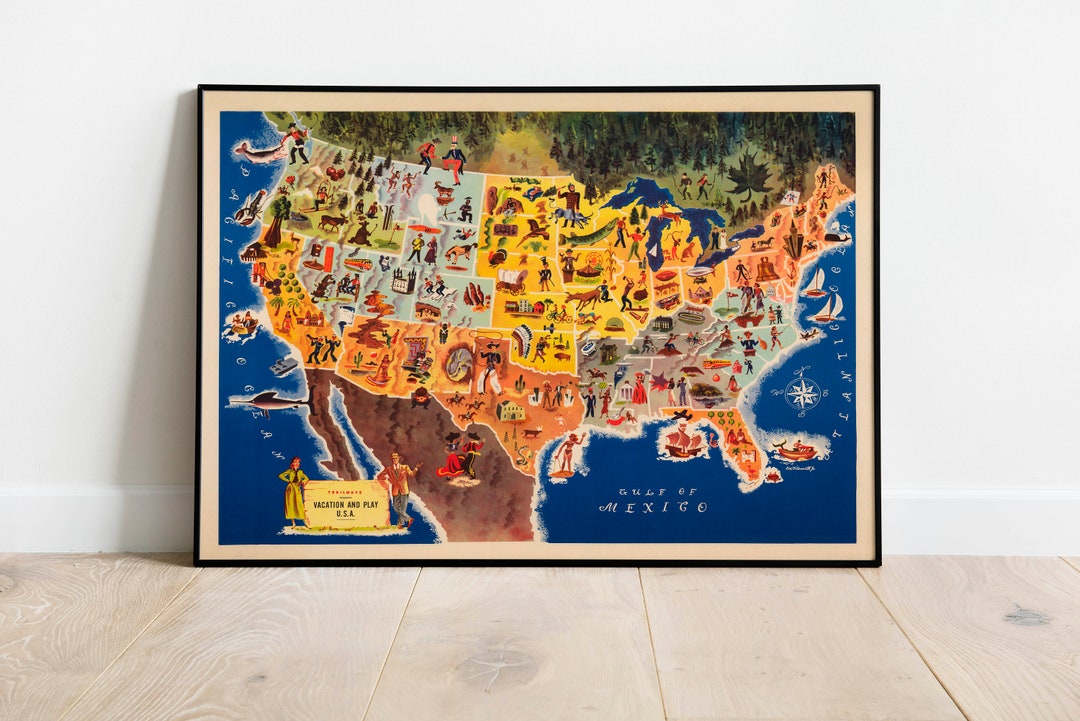 Color Pictorial Map of the United States United States Map - Etsy