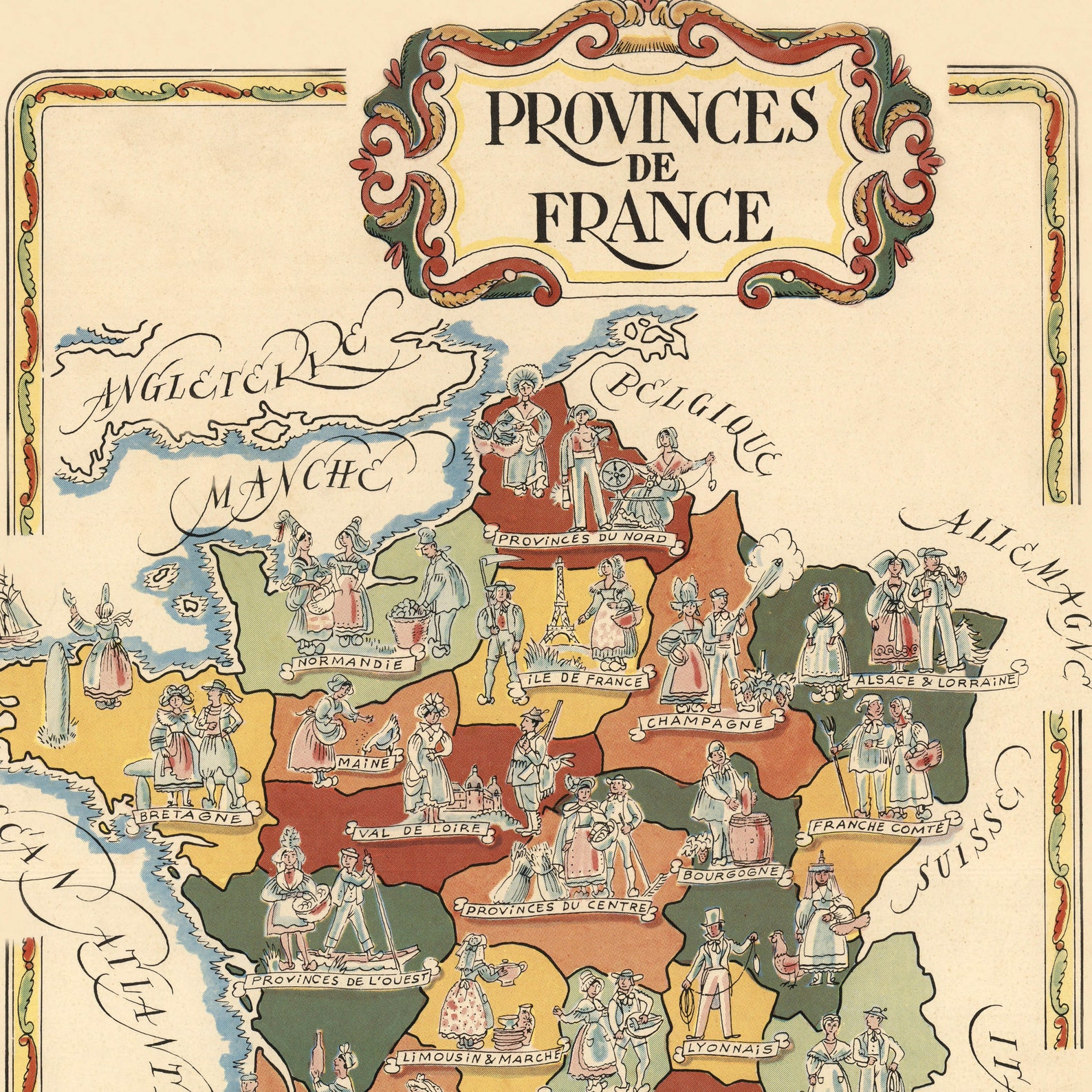 France Provinces Map Print Vintage France Map Poster France | Etsy