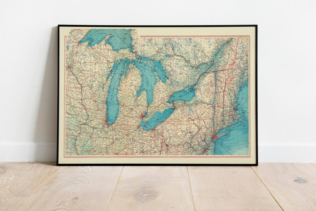 Geographical Map of the Great Lakes Region| Map Wall Decor| Vintage Map ...