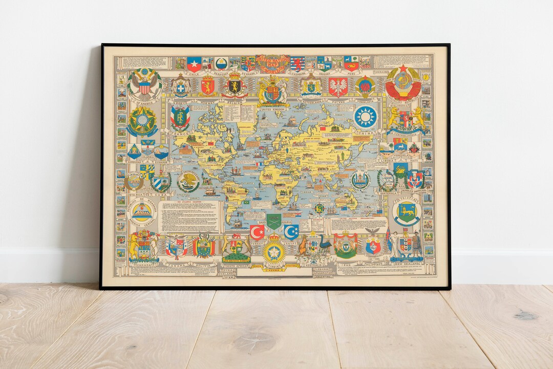 World Map Print| Art History| 1948 United Nations Map Wall Art| Framed ...
