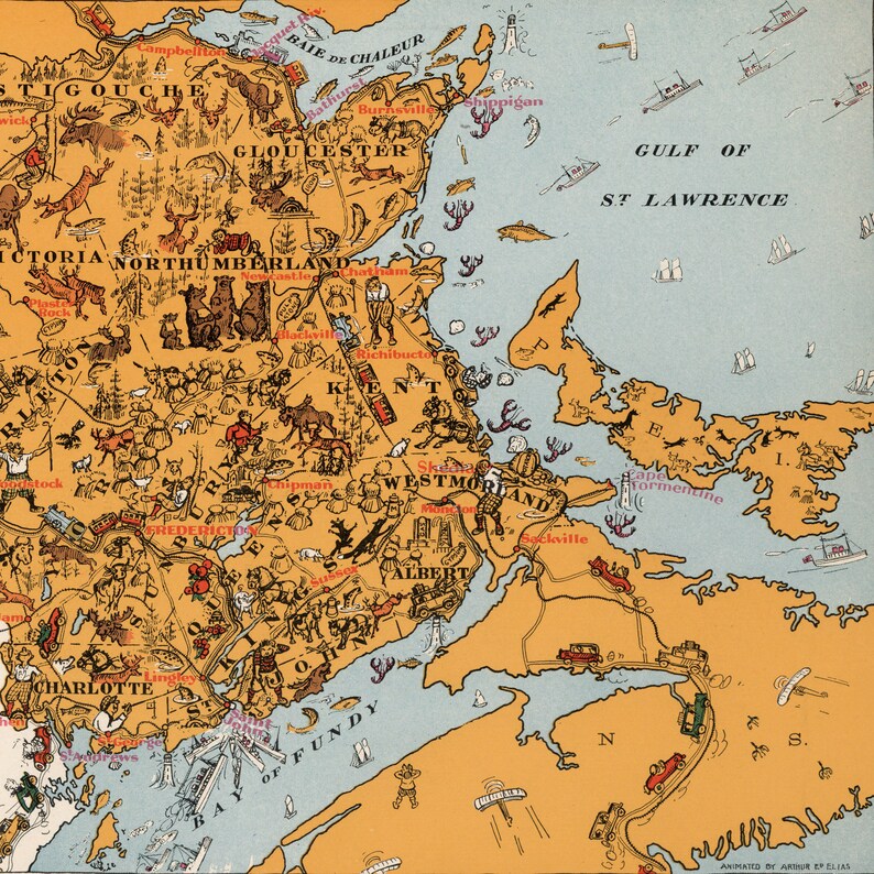 Animated Map of New Brunswick Vintage Map Print Old Map Wall | Etsy
