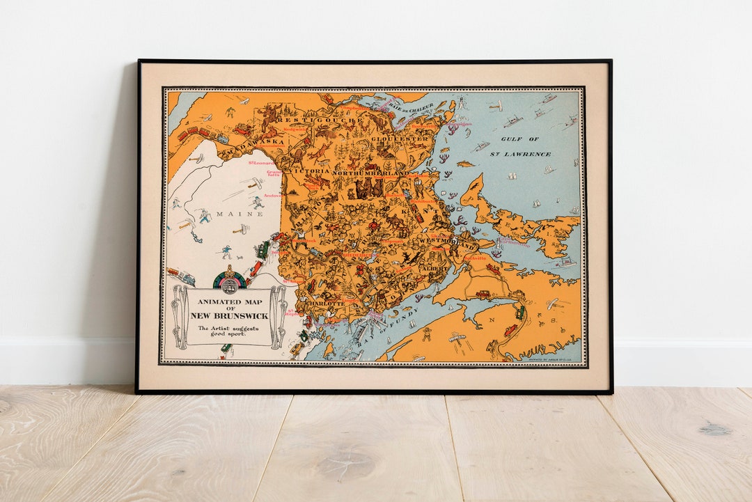 Animated Map of New Brunswick| Vintage Map Print| Old Map Wall Prin ...