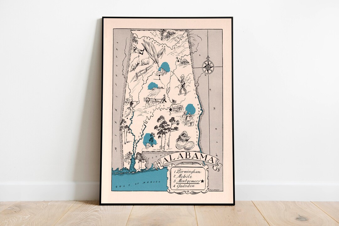 Vintage Alabama Map Art Print: Decorative State Wall Art - Etsy
