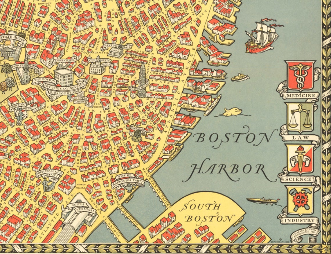 Map of Old Boston 1929 Boston Map Reproduction Map Wall | Etsy
