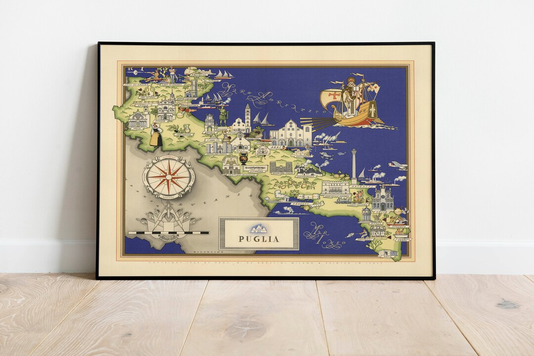 Puglia Map Print| Art History| 1939 Puglia Map Wall Art| Framed Wall ...