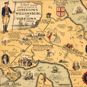 Map of Jamestown Williamsburg and Yorktown Virginia Wall | Etsy