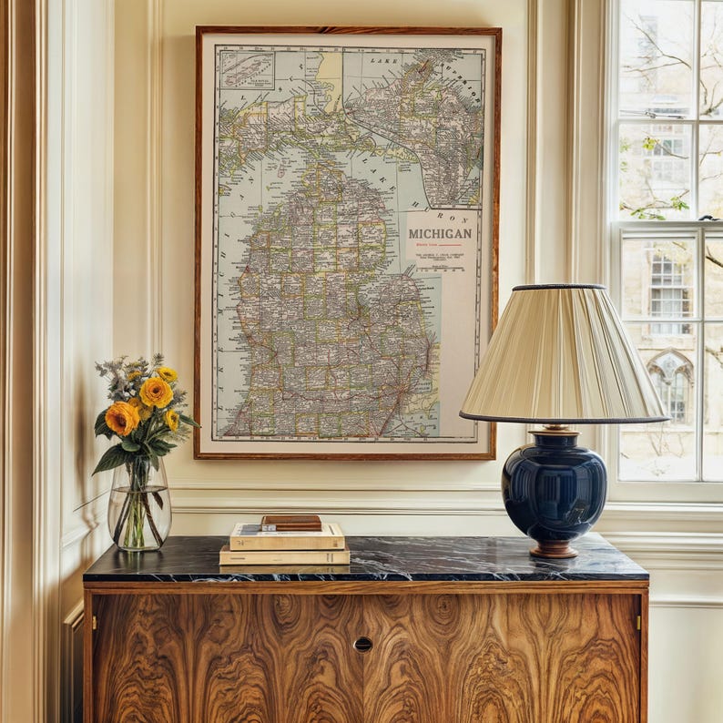 Vintage 1920 Michigan Map Framed Print: Antique Wall Art - Etsy