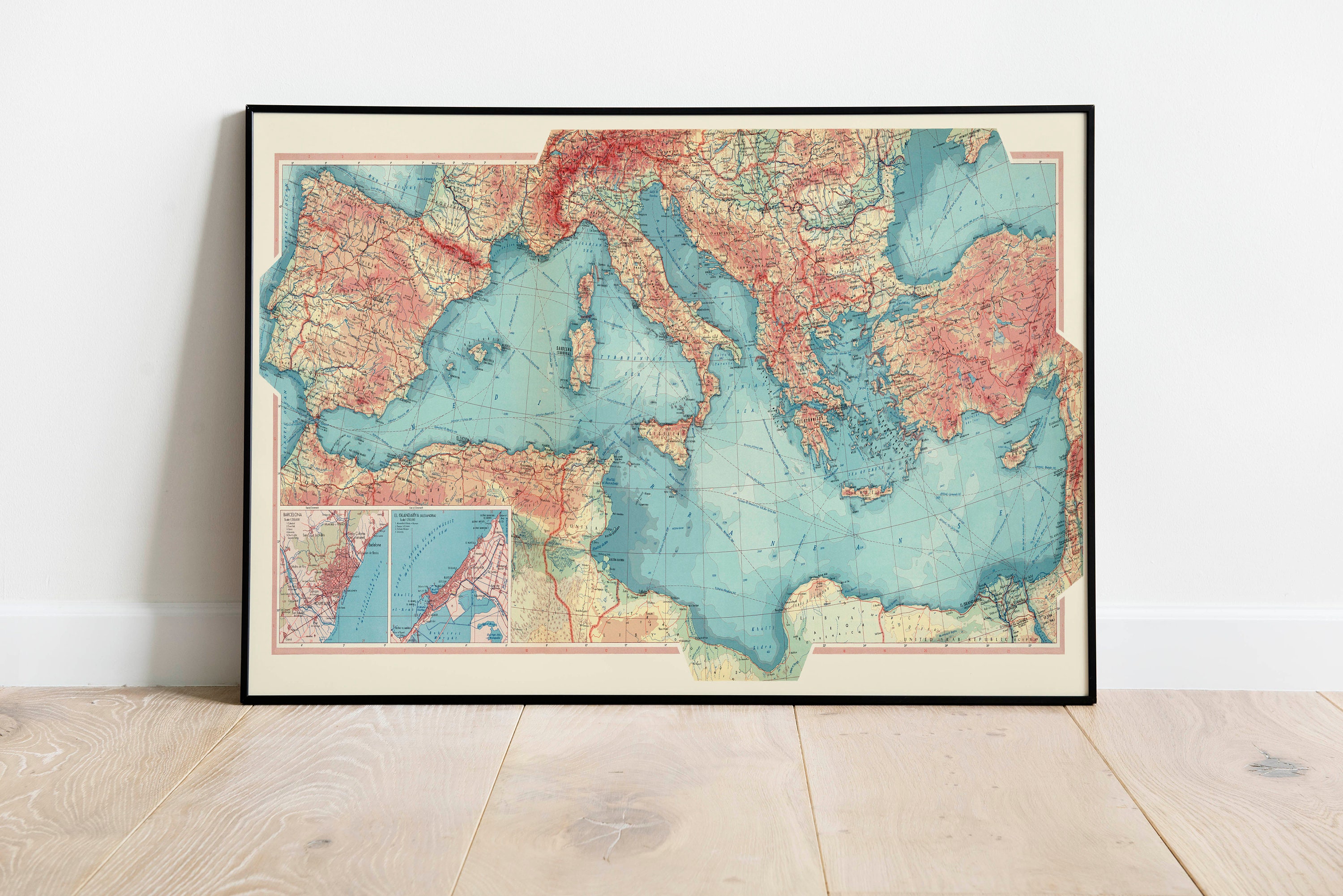 Geographical Map of Mediterranean Sea Map Wall Decor Vintage - Etsy