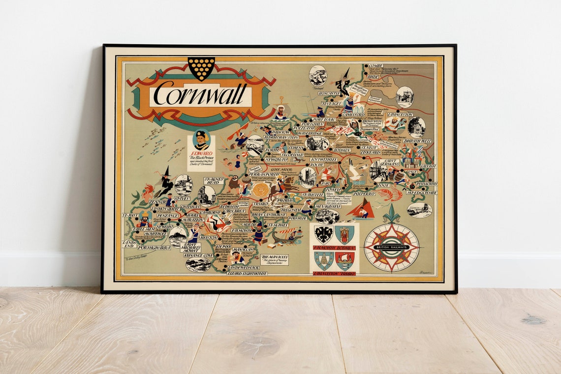 Map of Cornwall England Old Map Wall Art Cornwall Map - Etsy