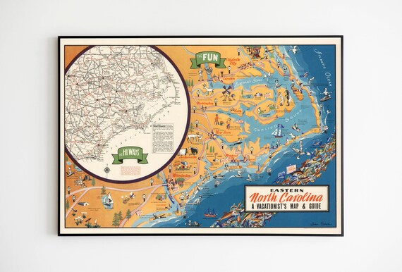 Eastern North Carolina Map Wall Poster North Carolina Old Map | Etsy