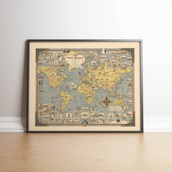 Pictorial Map Print of World Wonders World Map Wall Print | Etsy