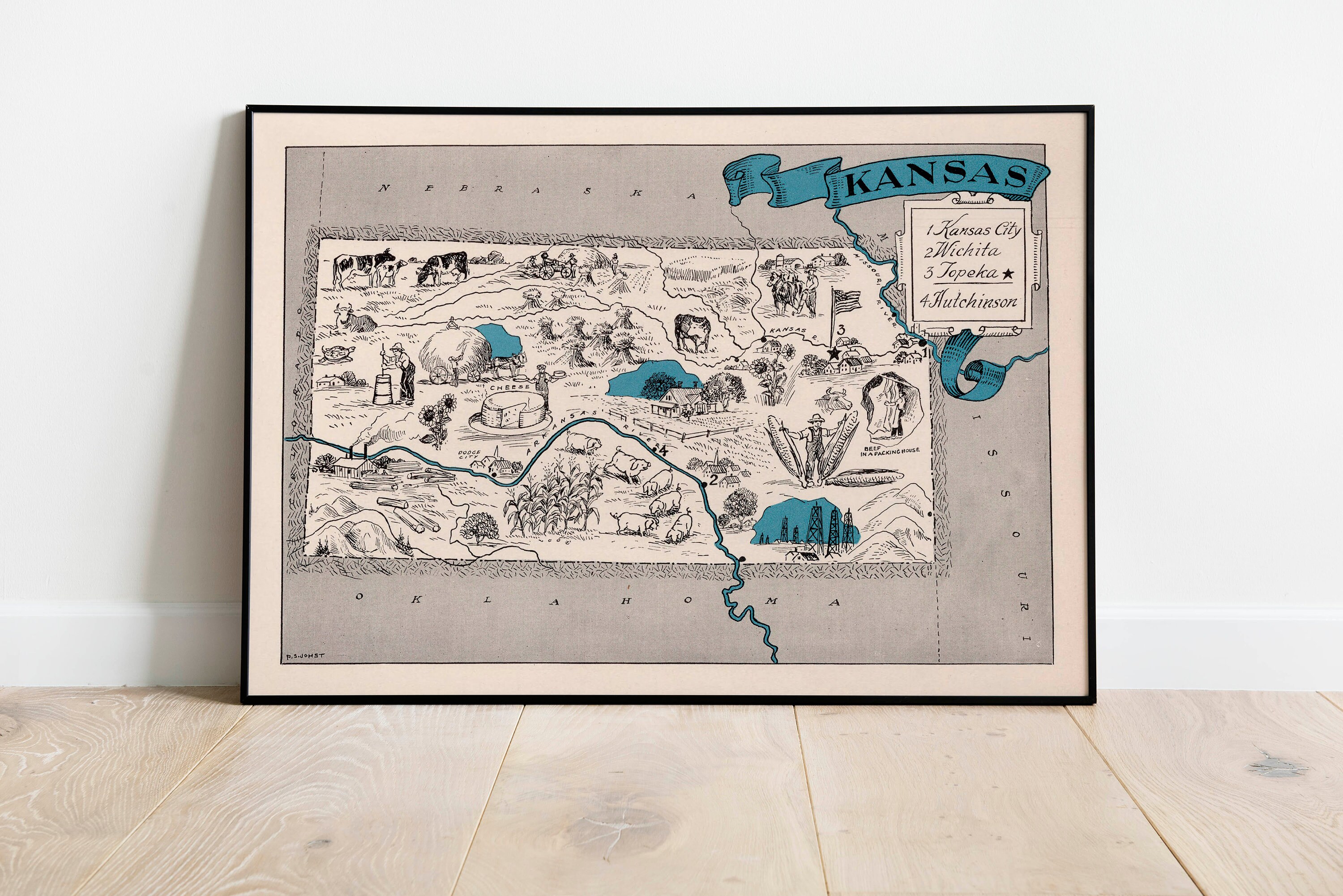 Map of State of Kansas Framed Wall Print Kansas Wall Map | Etsy