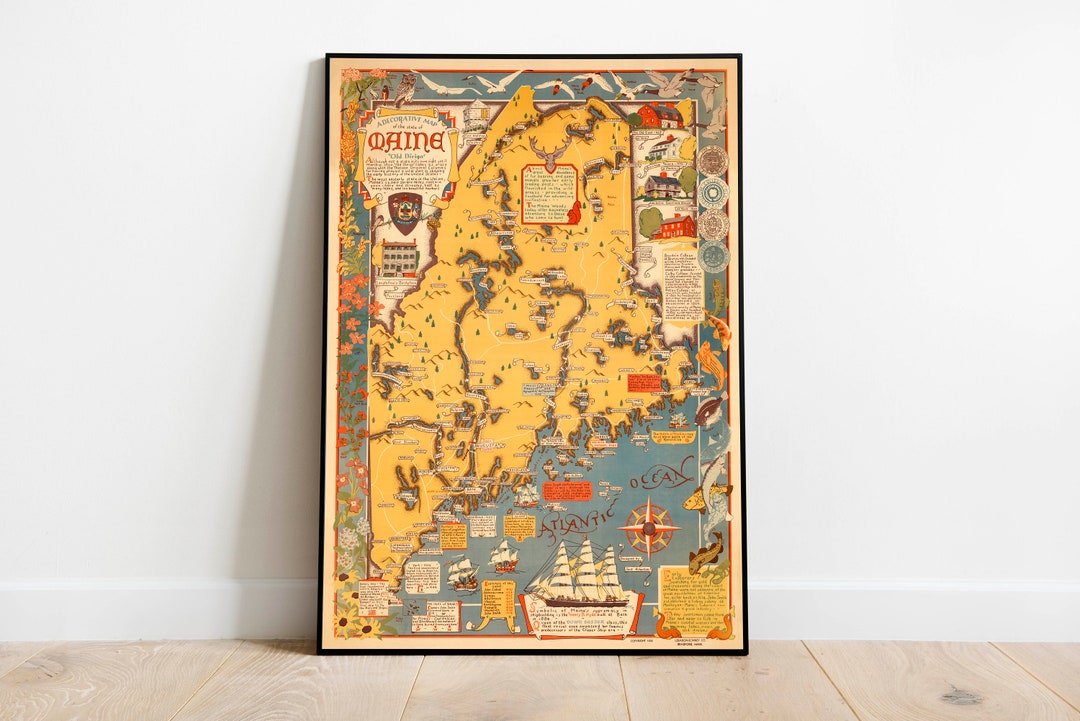 A Decorative Map of the State of Maine| Old Dirigo| Old Map Poster ...