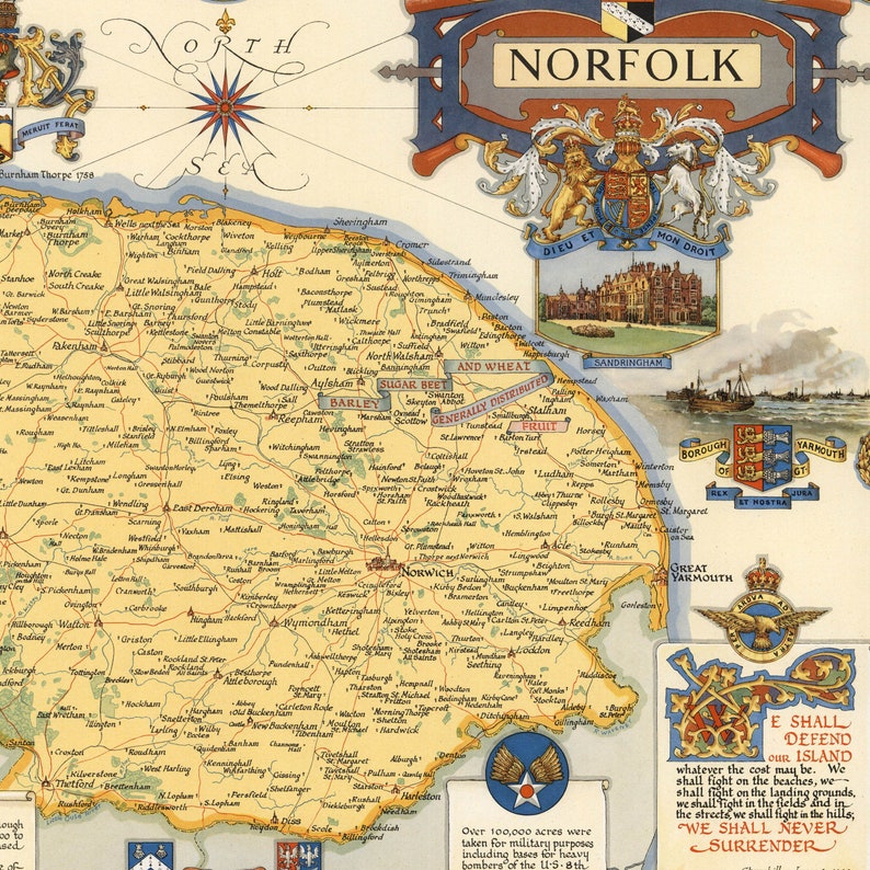 Norfolk Map Poster Print Vintage Map Wall Art Norwich Map | Etsy