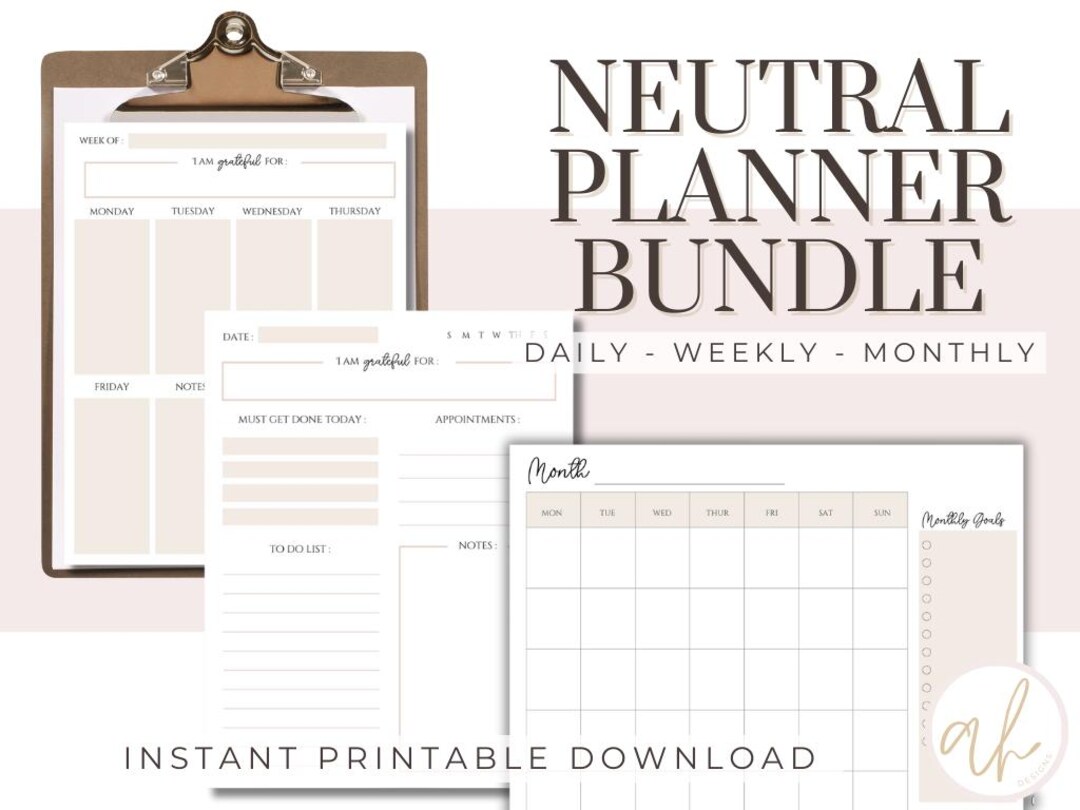 Neutral Minimalist Planner Printable: Daily, Weekly, Monthly Layouts ...