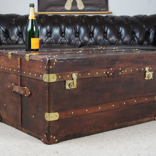 Large Antique Inspired Large Leather Coffee Table Trunk | Etsy UK