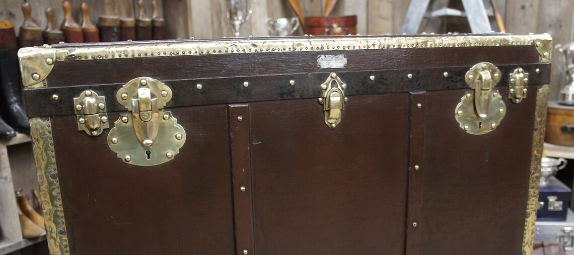 1920s Large Antique Garment Gown Trunk Brass Bound Reception | Etsy