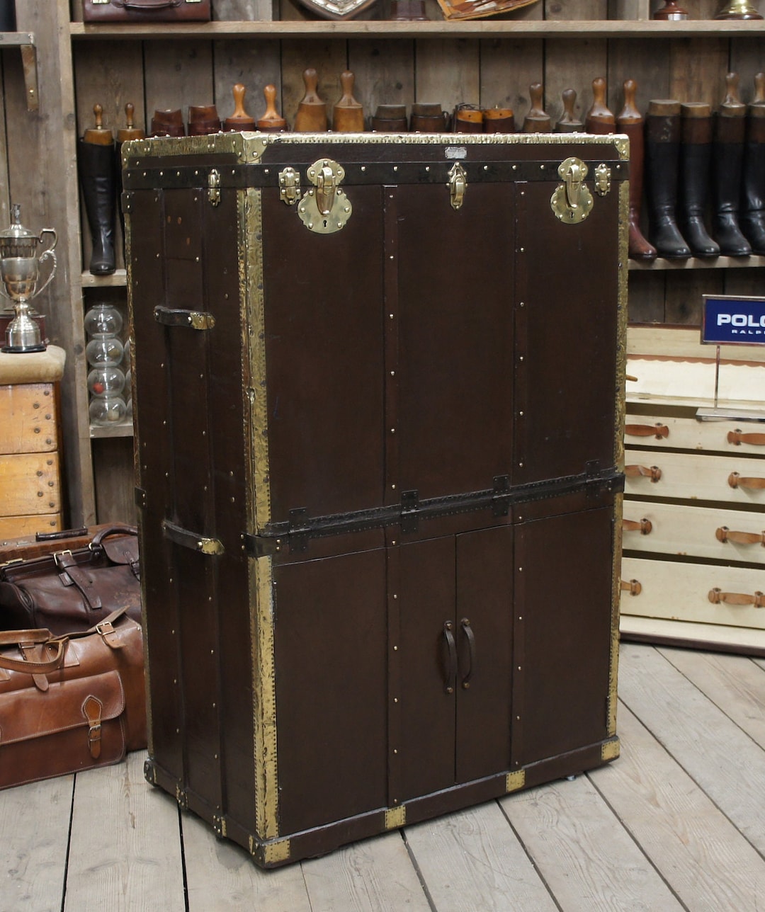 1920s Large Antique Garment Gown Trunk Brass Bound Reception Furniture ...