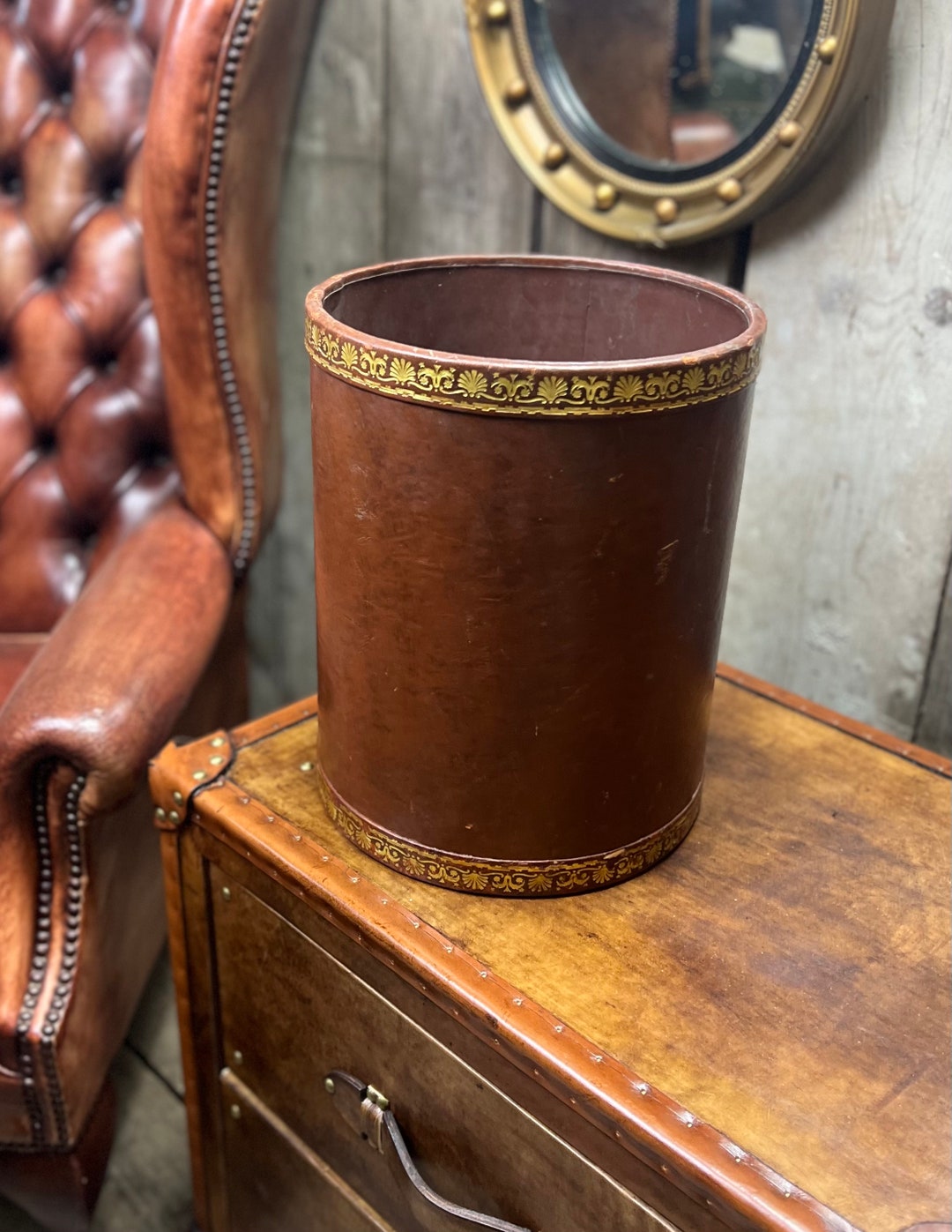 Antique Leather Waste Paper Bin - Etsy
