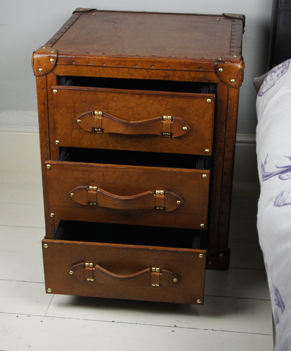 Set of 3 Draw Leather Bedside Trunk | Etsy UK