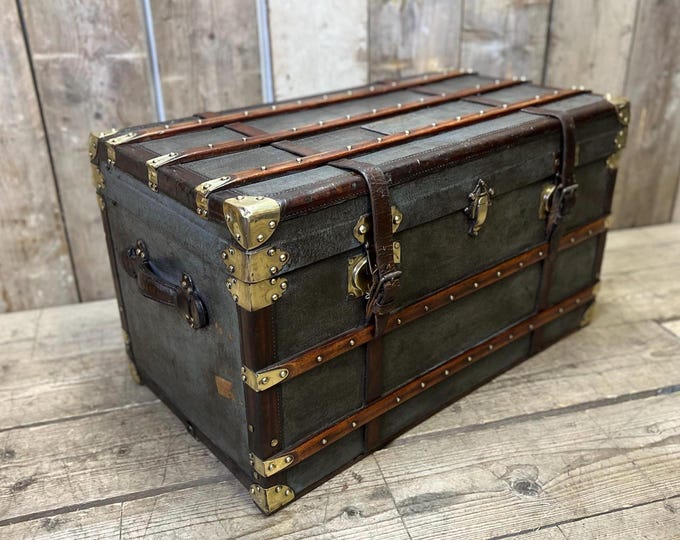 Luxury Grey Antique Leather and Brass Trimmed Travel Trunk Coffee Table ...