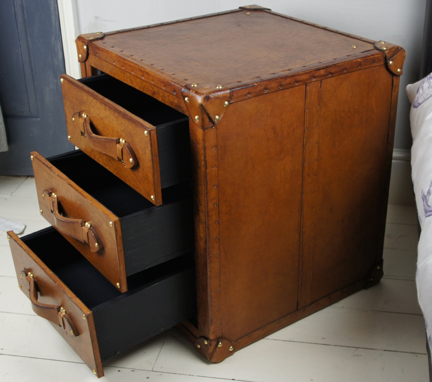 Set of 3 Draw Leather Bedside Trunk | Etsy UK