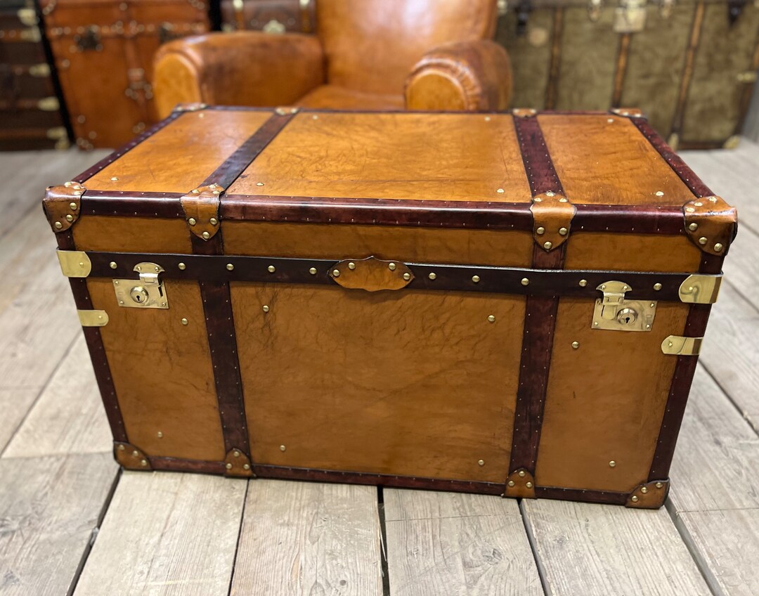London Tan Leather Vintage Inspired Travel Trunk End Table Coffee Table ...