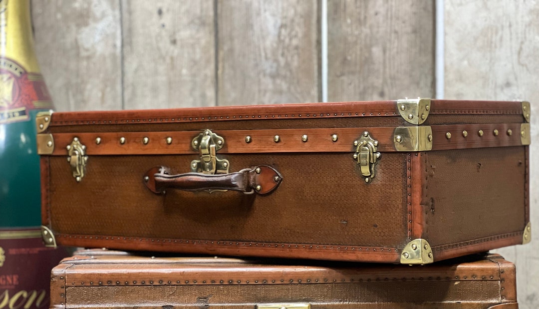 Large French Brass Bound Canvas & Leather Travel Suitcase Trunk Chest ...