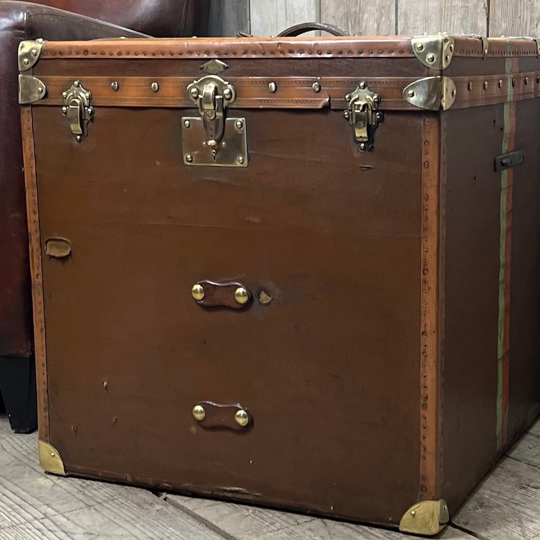 Huge Antique Square Travel Trunk Chest End Table Hatbox Trunk French ...
