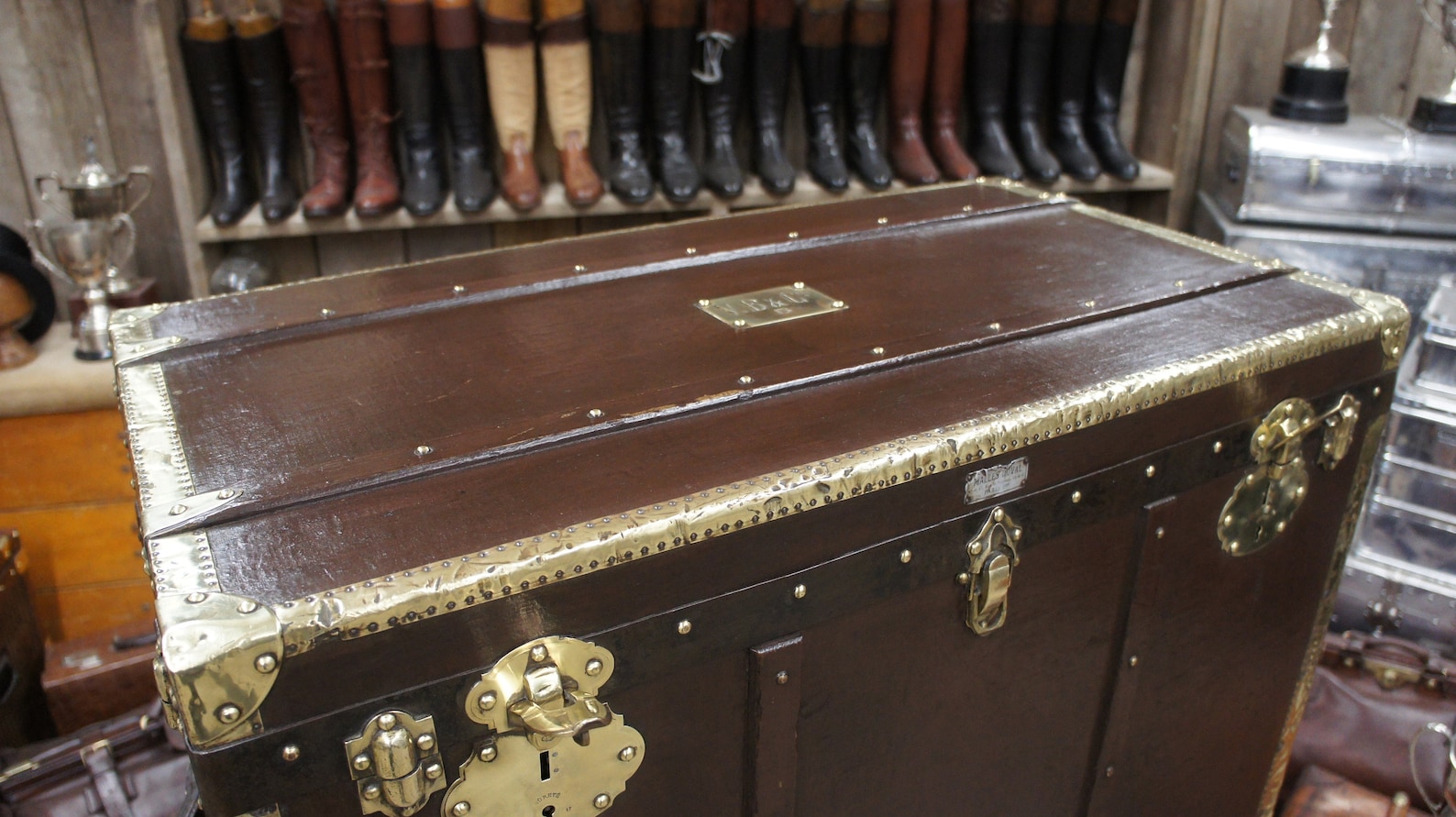 1920s Large Antique Garment Gown Trunk Brass Bound Reception Furniture ...