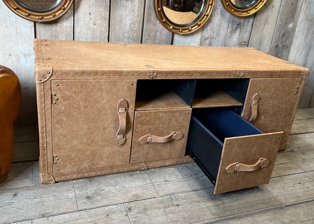 Lincoln Tan Leather TV Unit - Luxury Handmade Console Table - Etsy