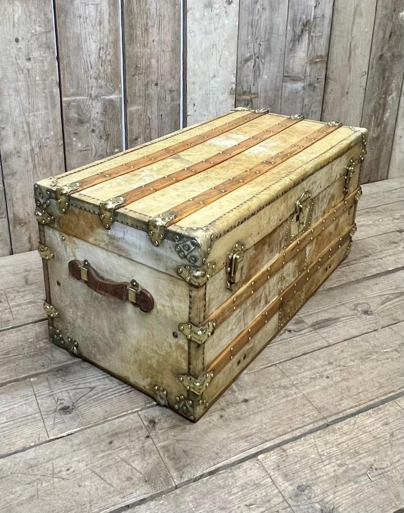 Antique Vellum & Brass Steamer Trunk - Etsy
