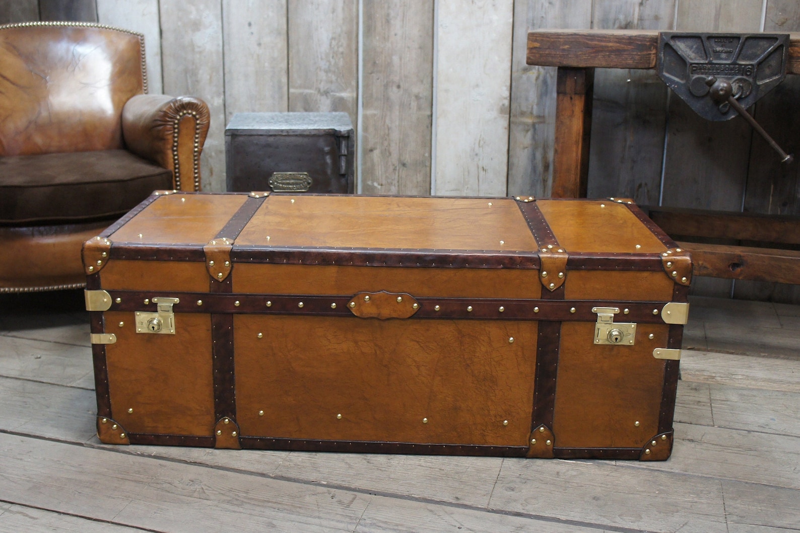 Custom Tan Leather Trunk | English Luxury | Travel Accent Chest. - Etsy