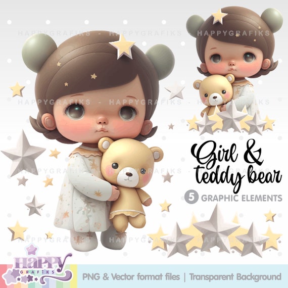 Girl Clipart Vector, Cute Girl Clipart, Girl with Teddy Bear, Ai Design ...