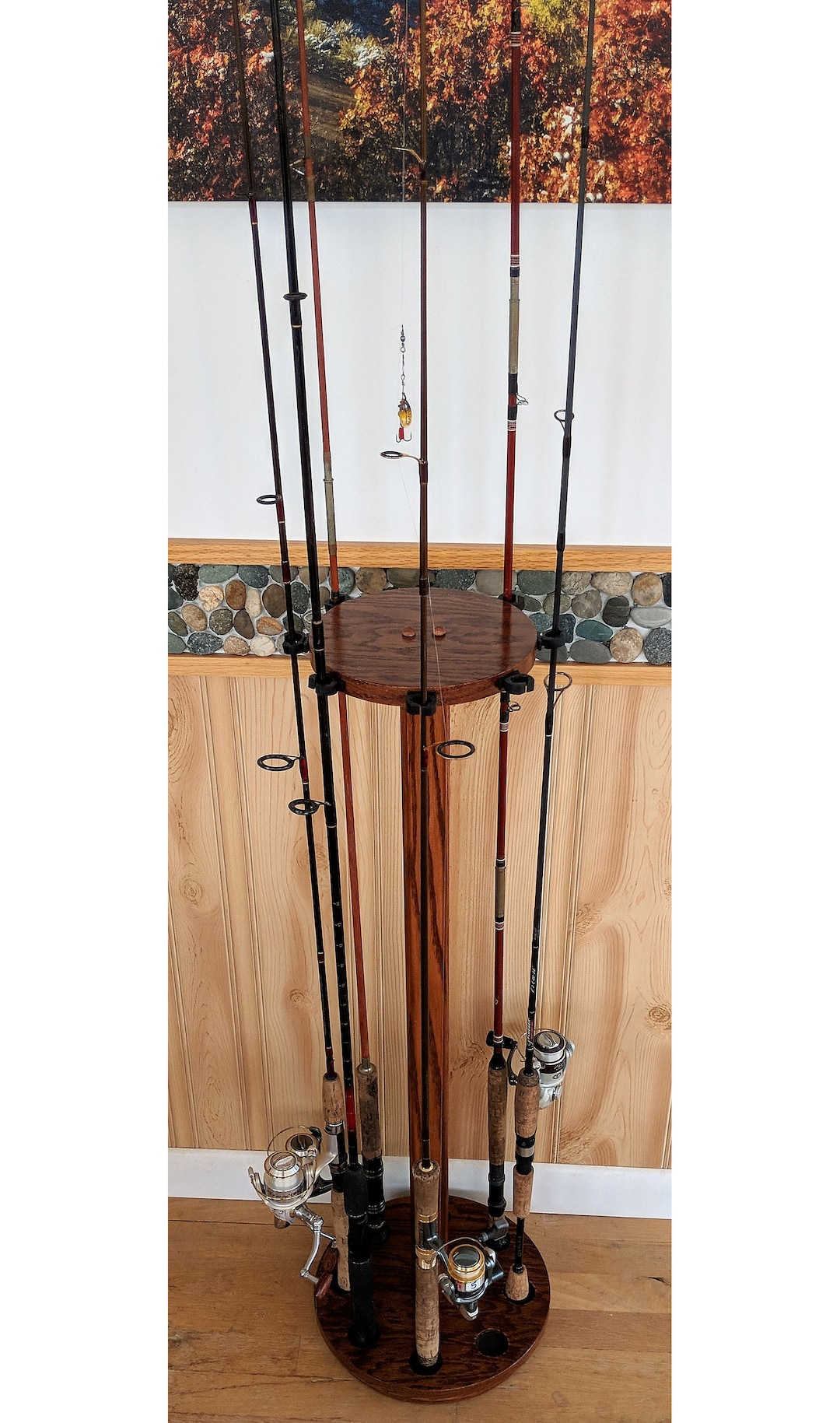 8-pole Oak Rotating Fishing Pole Display Rack Vertical Holder for Rods ...