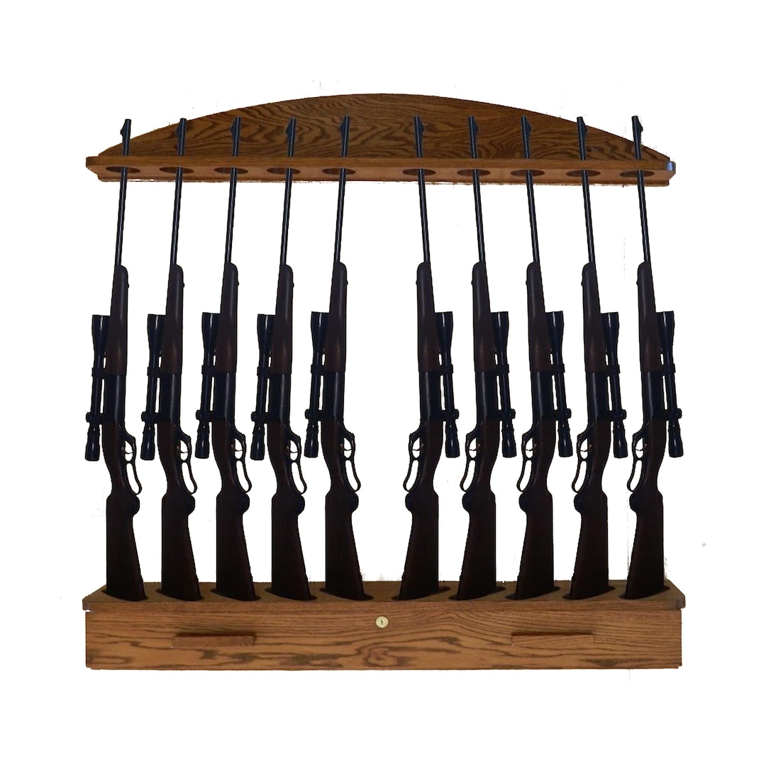 Wall Mounted Gun Rack With Locking Ammo Cabinet - Solid Oak, Shotgun ...