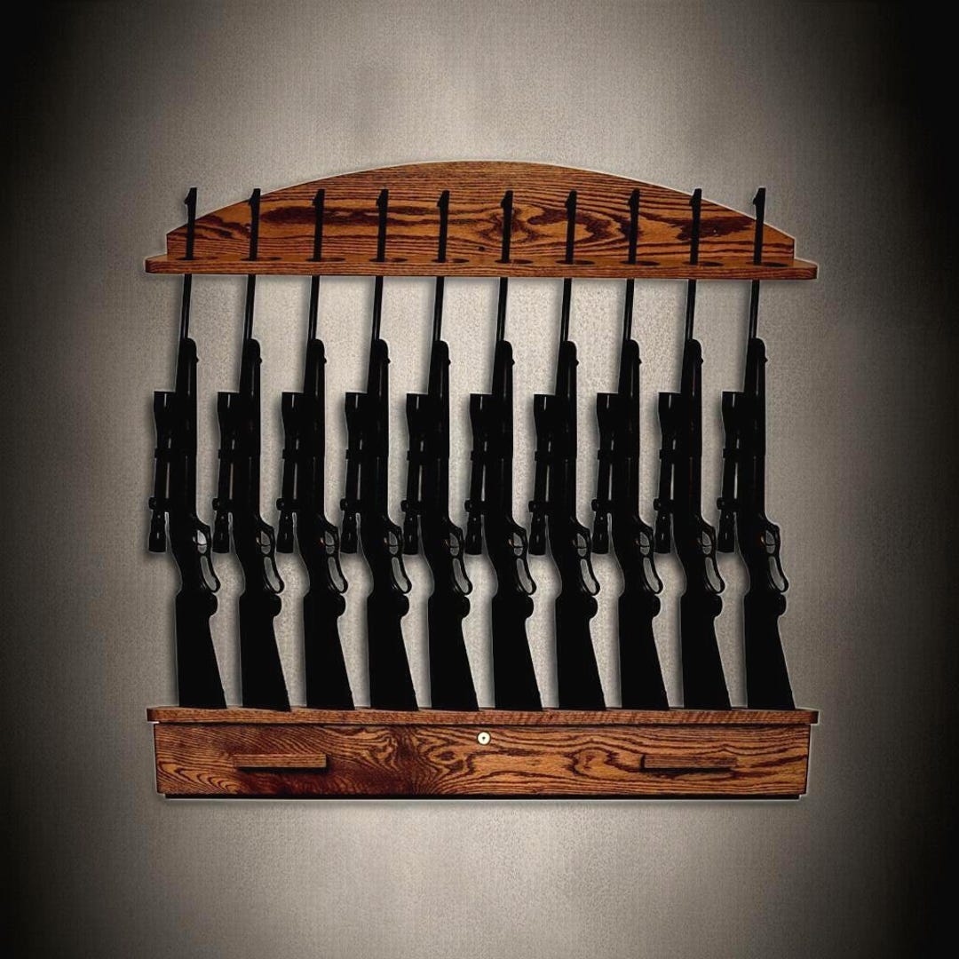 10-gun Rack With Locking Ammo Cabinet Solid Oak Vertical Wall Display ...
