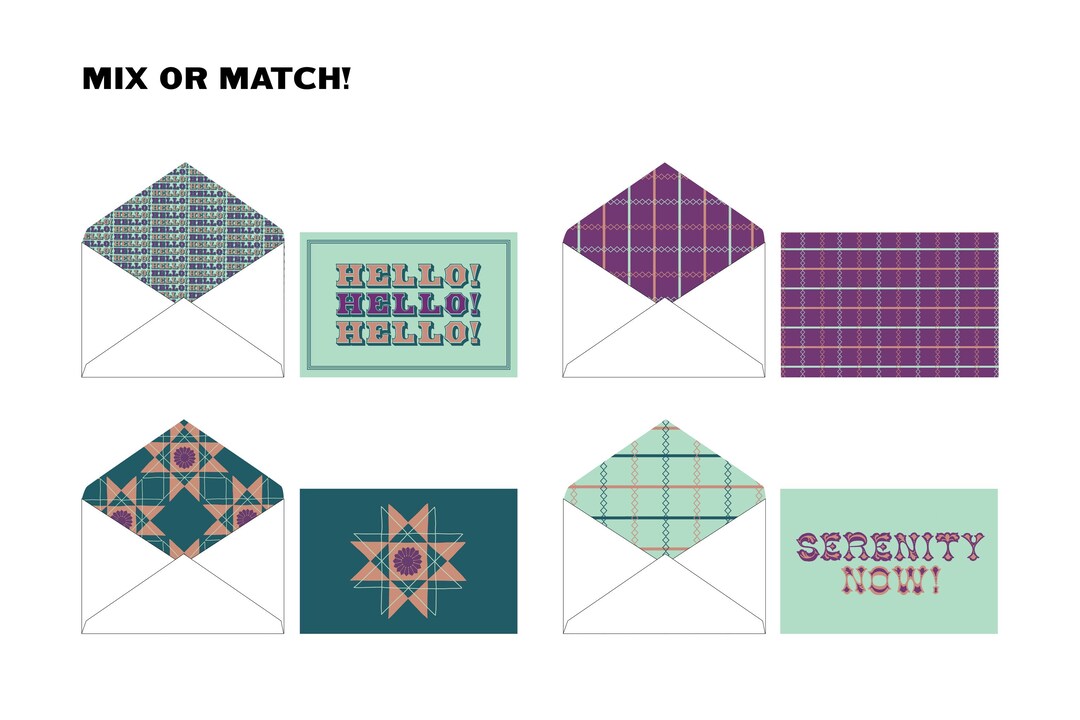 Printable Mix&match Greeting Card and Envelope Set Green and Purple 4x6 ...
