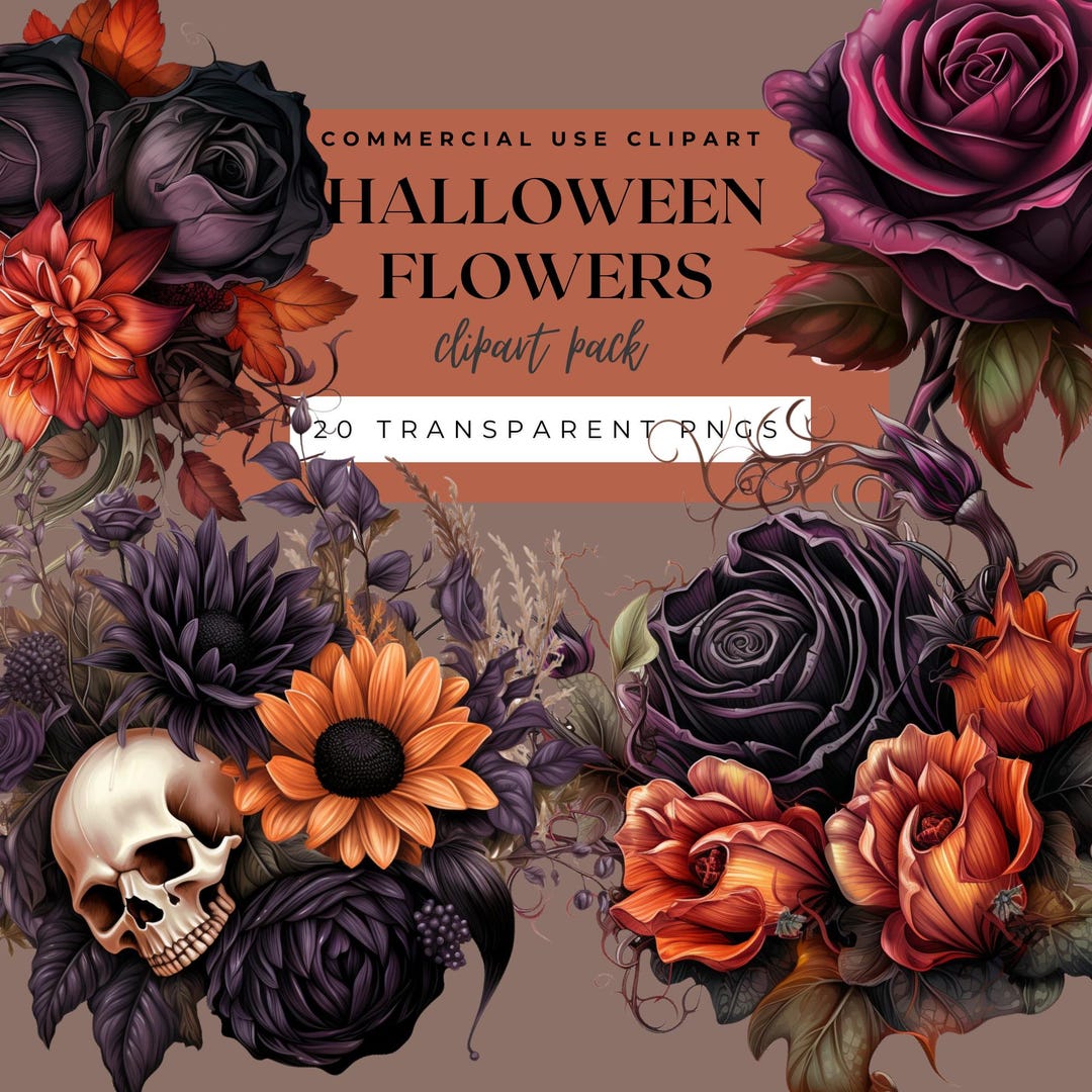 Gothic Halloween Flowers Watercolor Clipart, Dark Academia, Black Rose ...