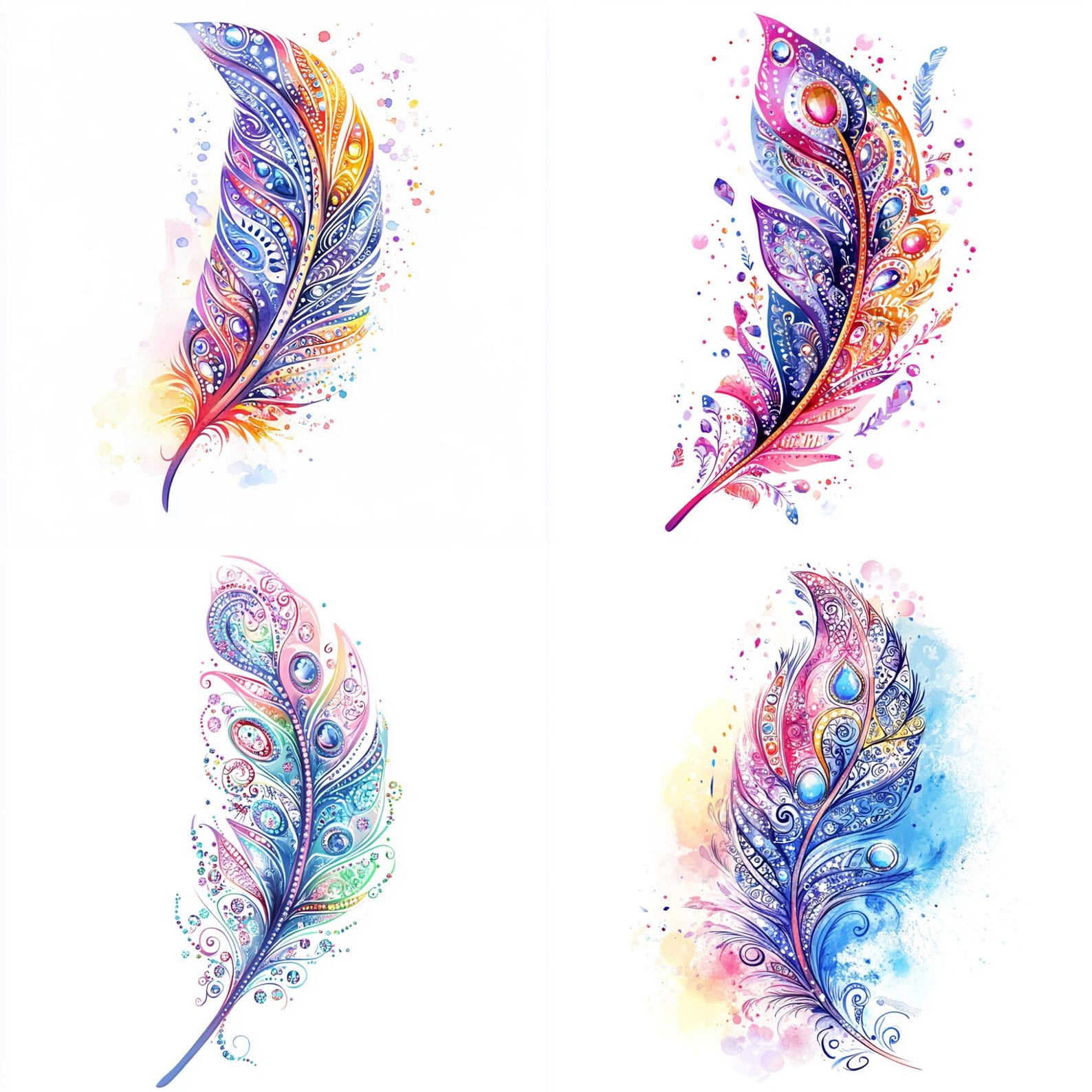 Whimsical Feathers Watercolor Clipart, Exotic Boho Feather Designs for ...