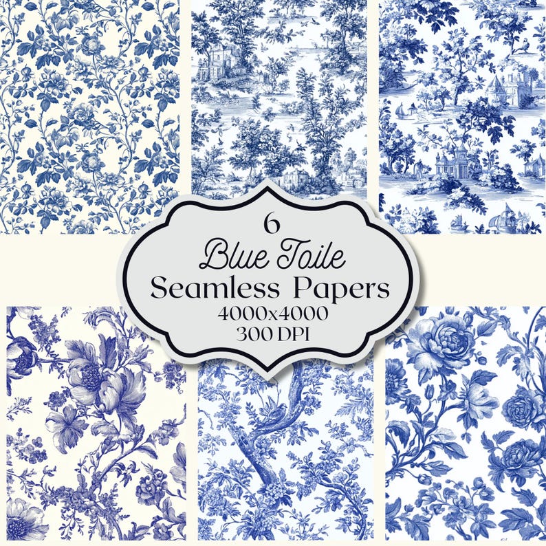 Blue Toile De Jouy Seamless Pattern, Vintage Floral, Blue French ...