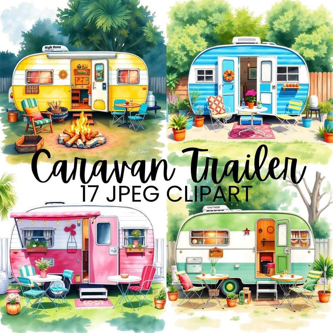 Watercolor Caravan Camper Trailer Clipart Bundle, 17 JPEG Camping ...