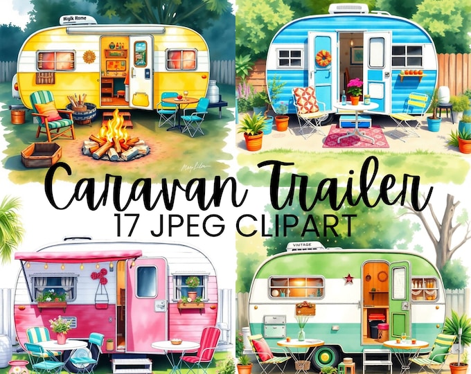 Camping Clipart Bundle Watercolor Trailer High Quality JPG Image ...