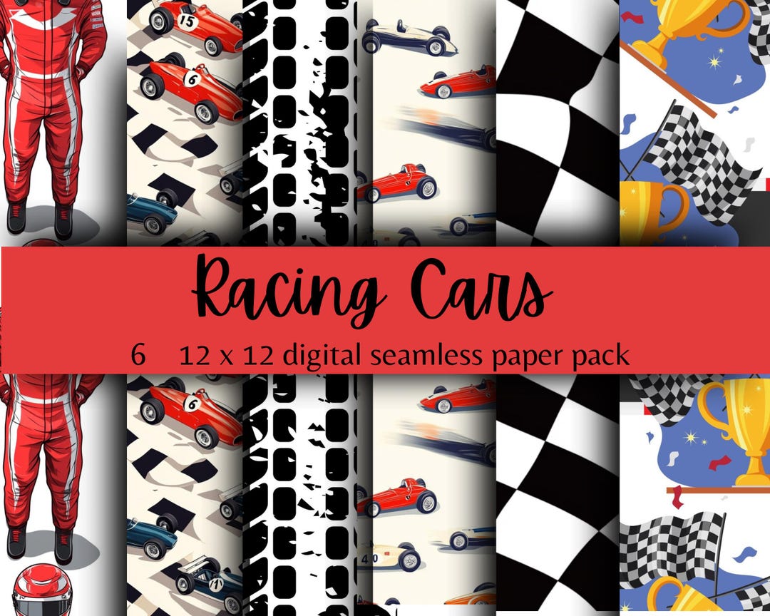 Race Car Seamless Pattern, Digital Paper for Scrapbooking, Vintage Car ...