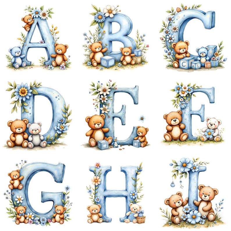 Baby Bear Alphabet Clipart PNG | Teddy Bear Letters A-Z | Nursery ...