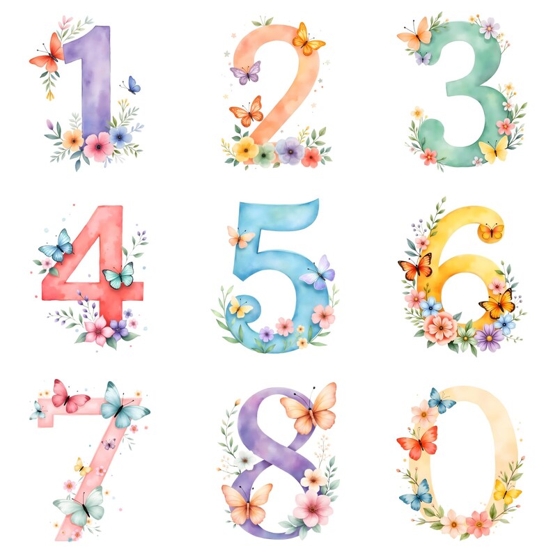 Watercolor Floral Numbers Clipart PNG, Pastel Flower Number Set 0-9 ...